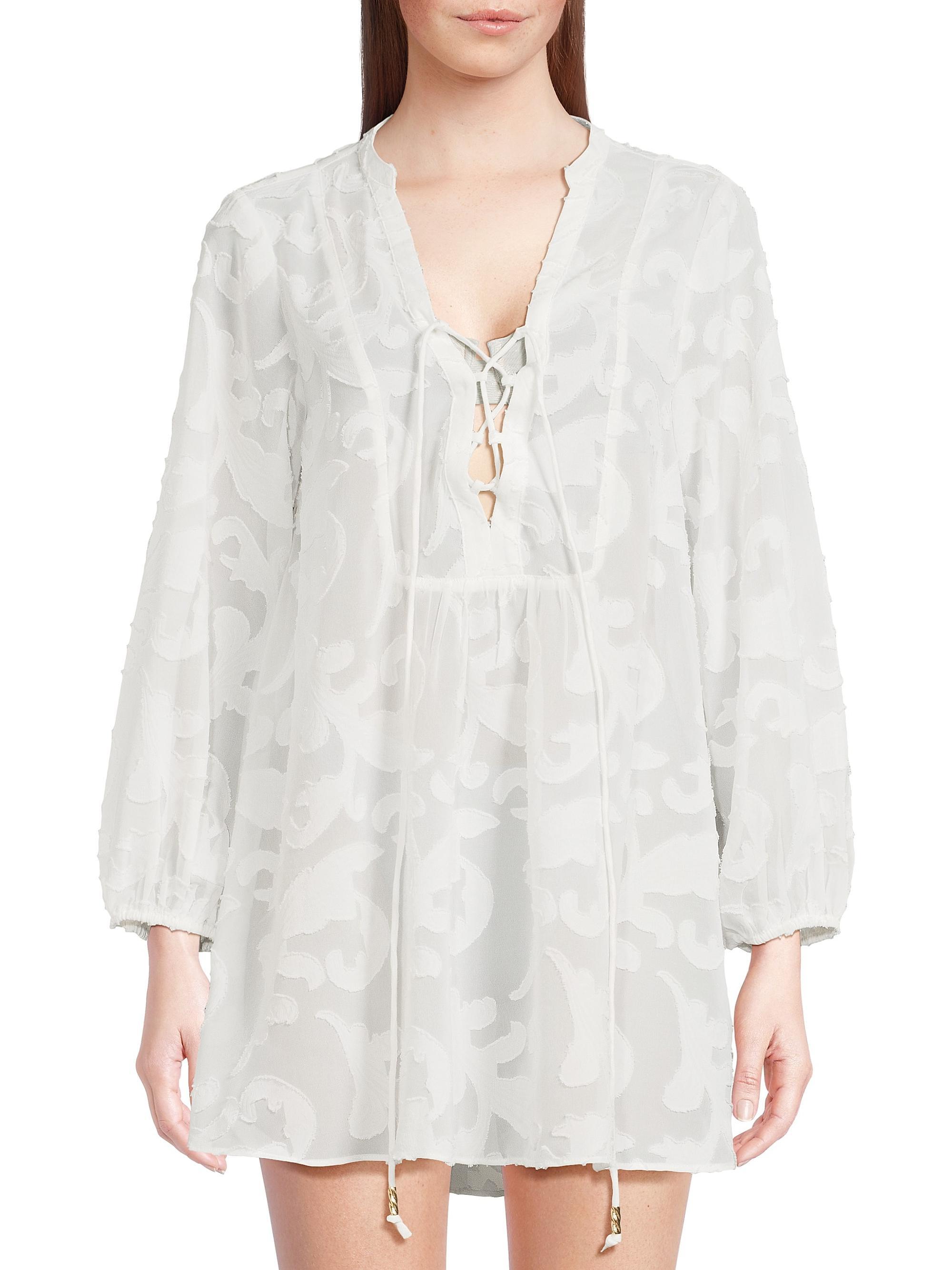 Click here for Milly Womens Scroll Burnout V-Neck Minidress - Whi... prices