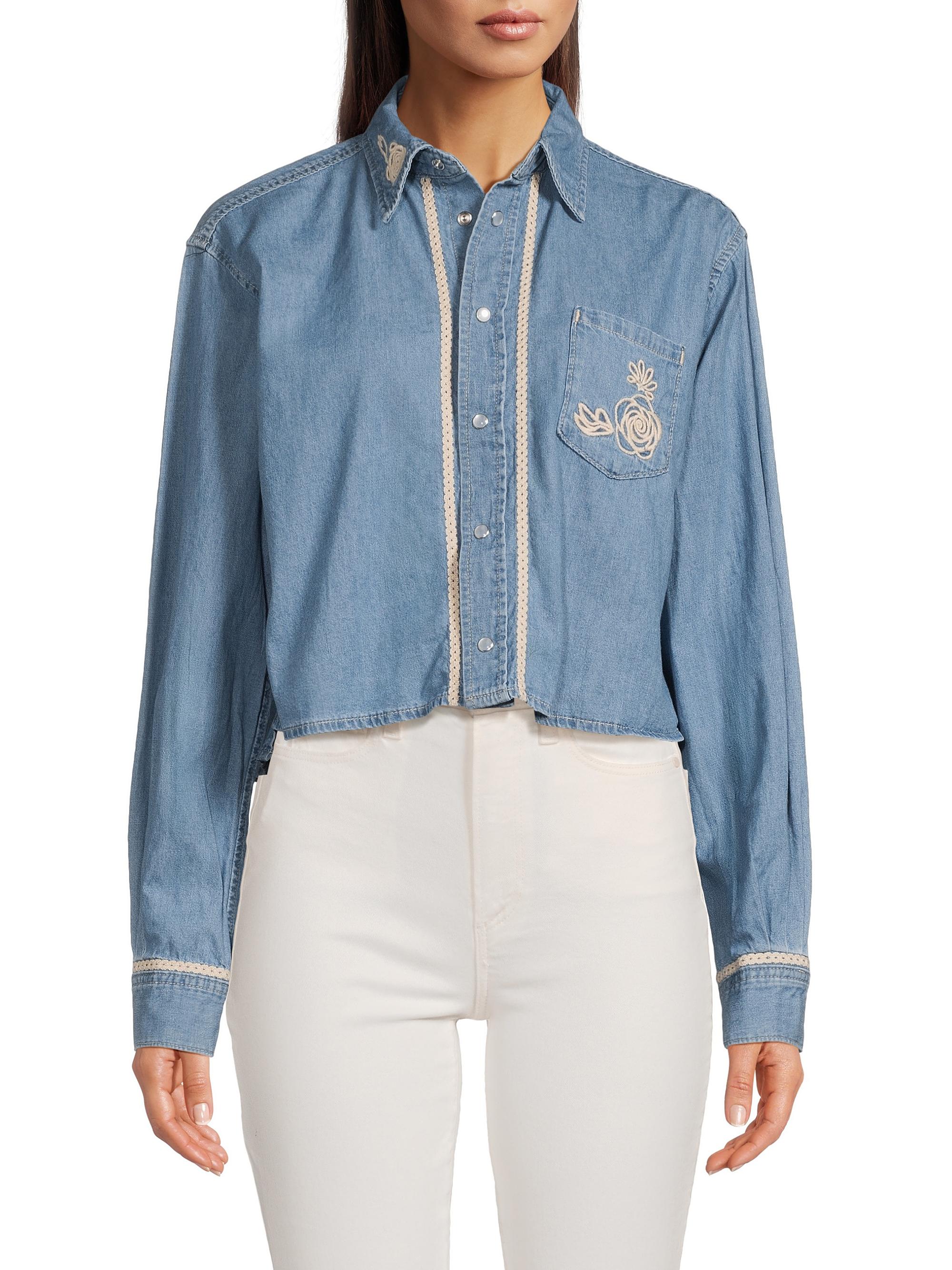 Click here for Driftwood Womens Dani Embroidered Cropped Denim Sh... prices