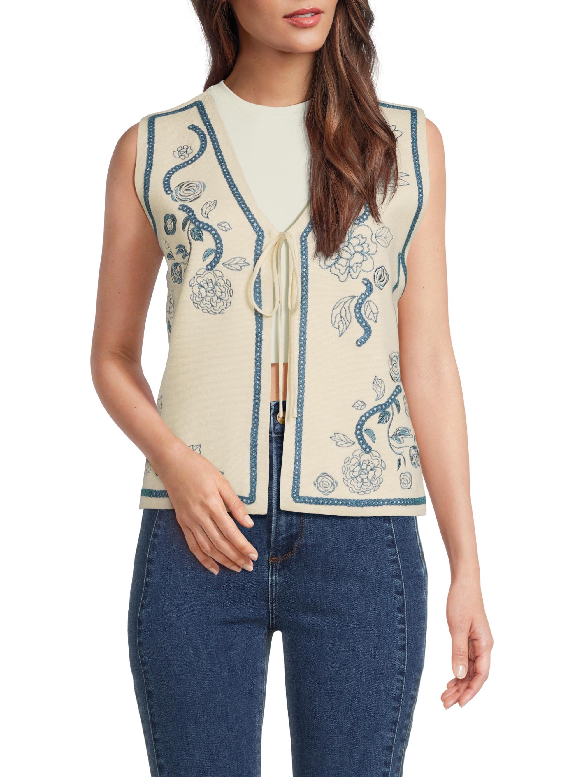 Click here for Driftwood Womens Embroidered Tie-Front Sweater Ves... prices