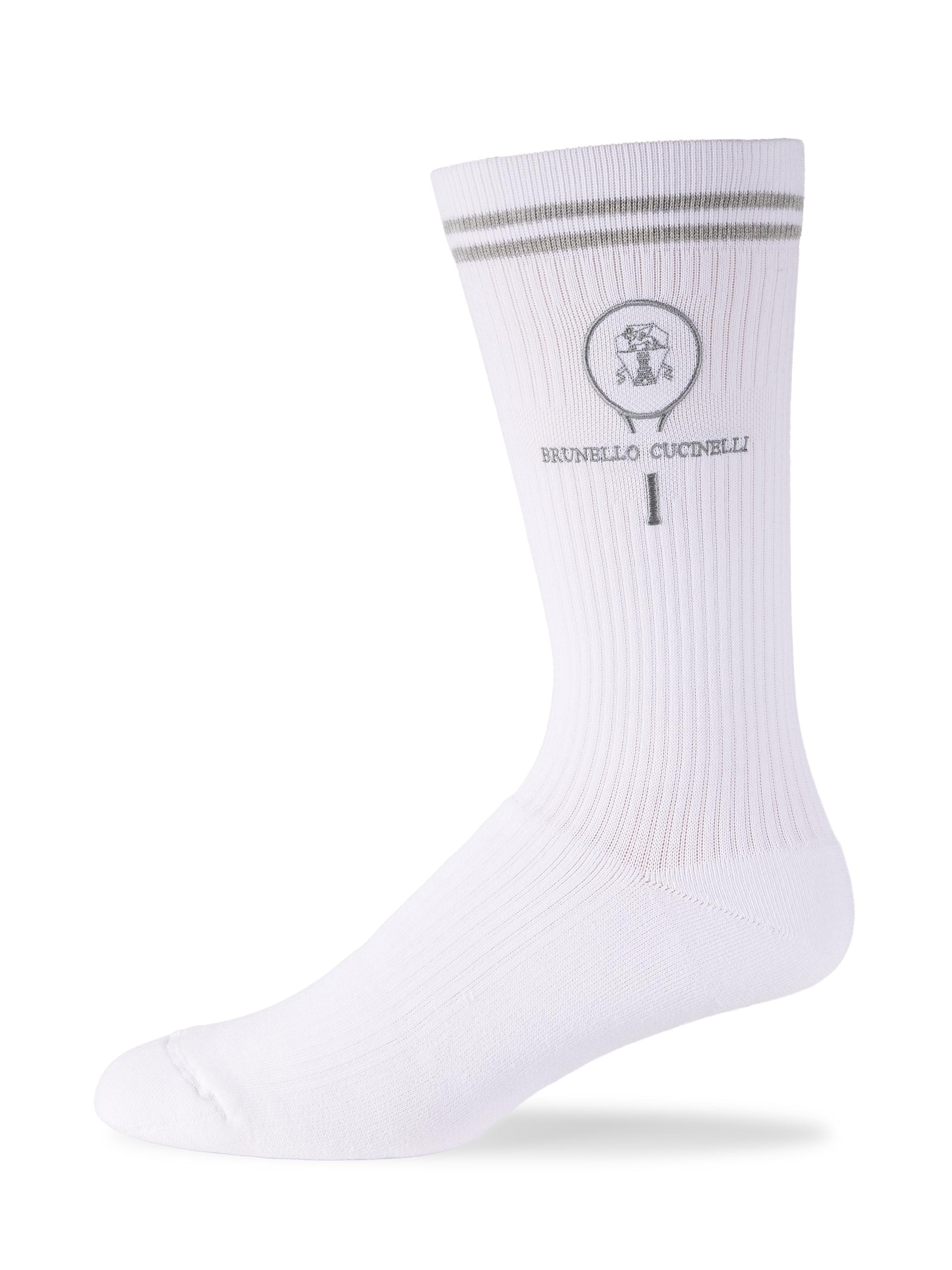 Click here for Brunello Cucinelli Mens Striped Logo Crew Socks -... prices