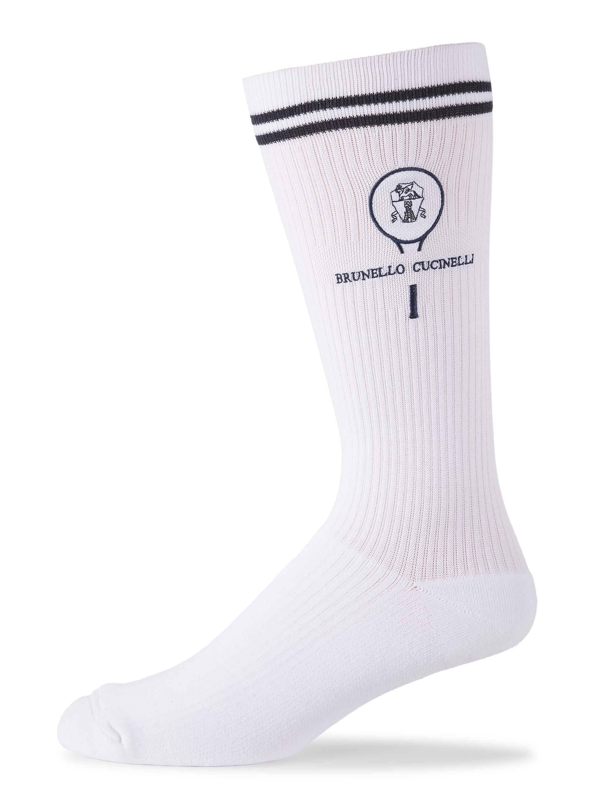 Click here for Brunello Cucinelli Mens Striped Logo Crew Socks -... prices