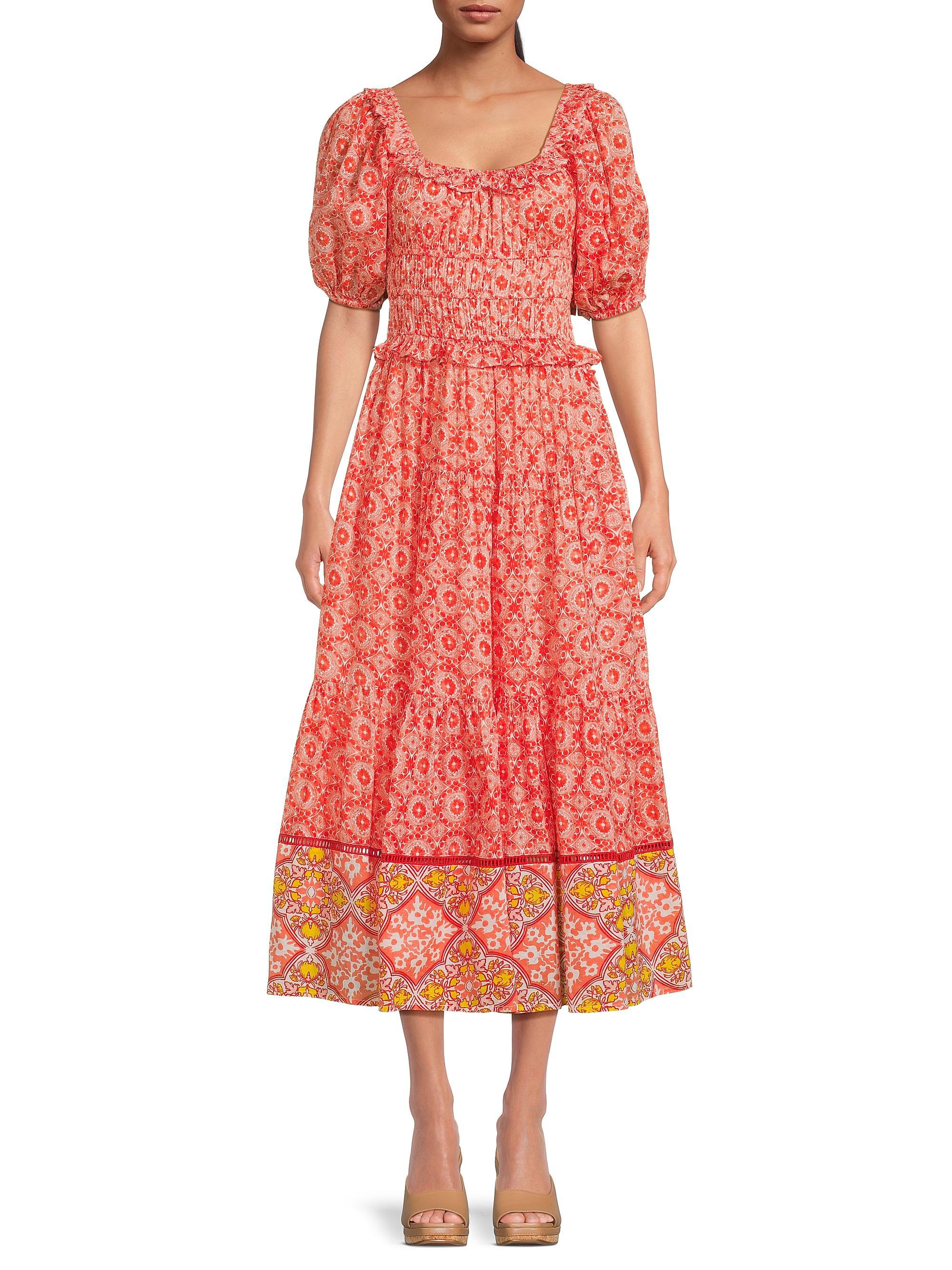 Click here for Ros Garden Womens Percy Puff-Sleeve Midi-Dress - R... prices