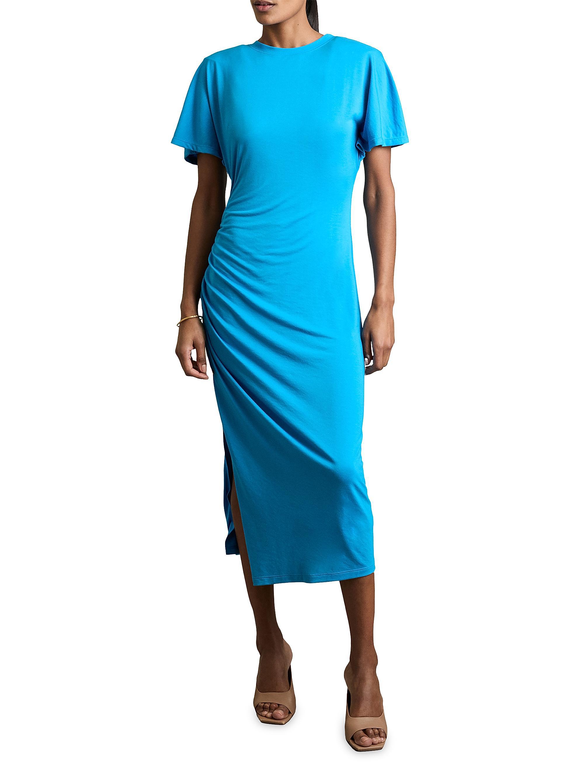 Click here for Reiss Womens Ruched Jersey Midi-Dress - Bright Blu... prices