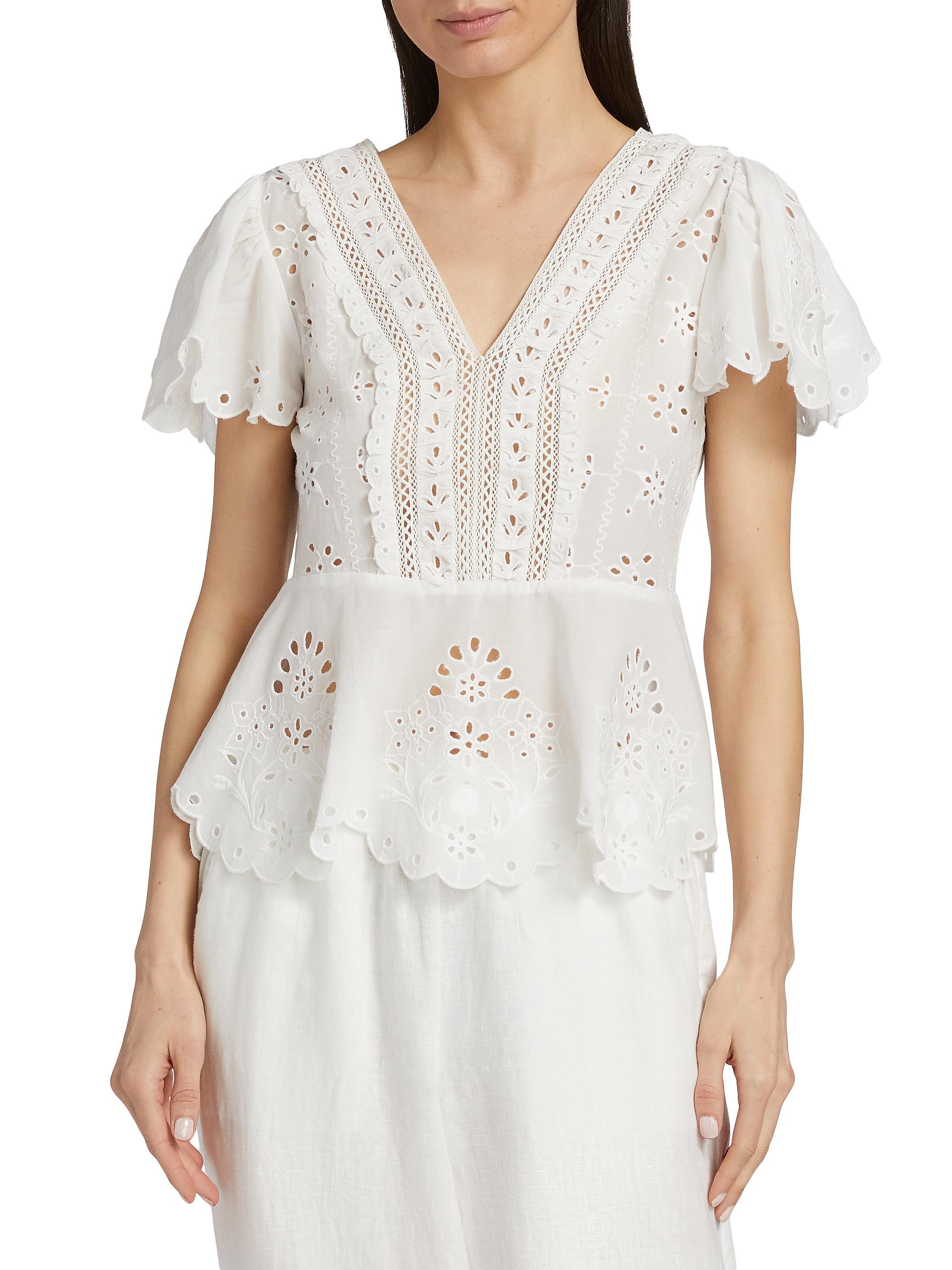 Click here for Johnny Was Womens Elizabeth Eyelet Peplum Blouse -... prices