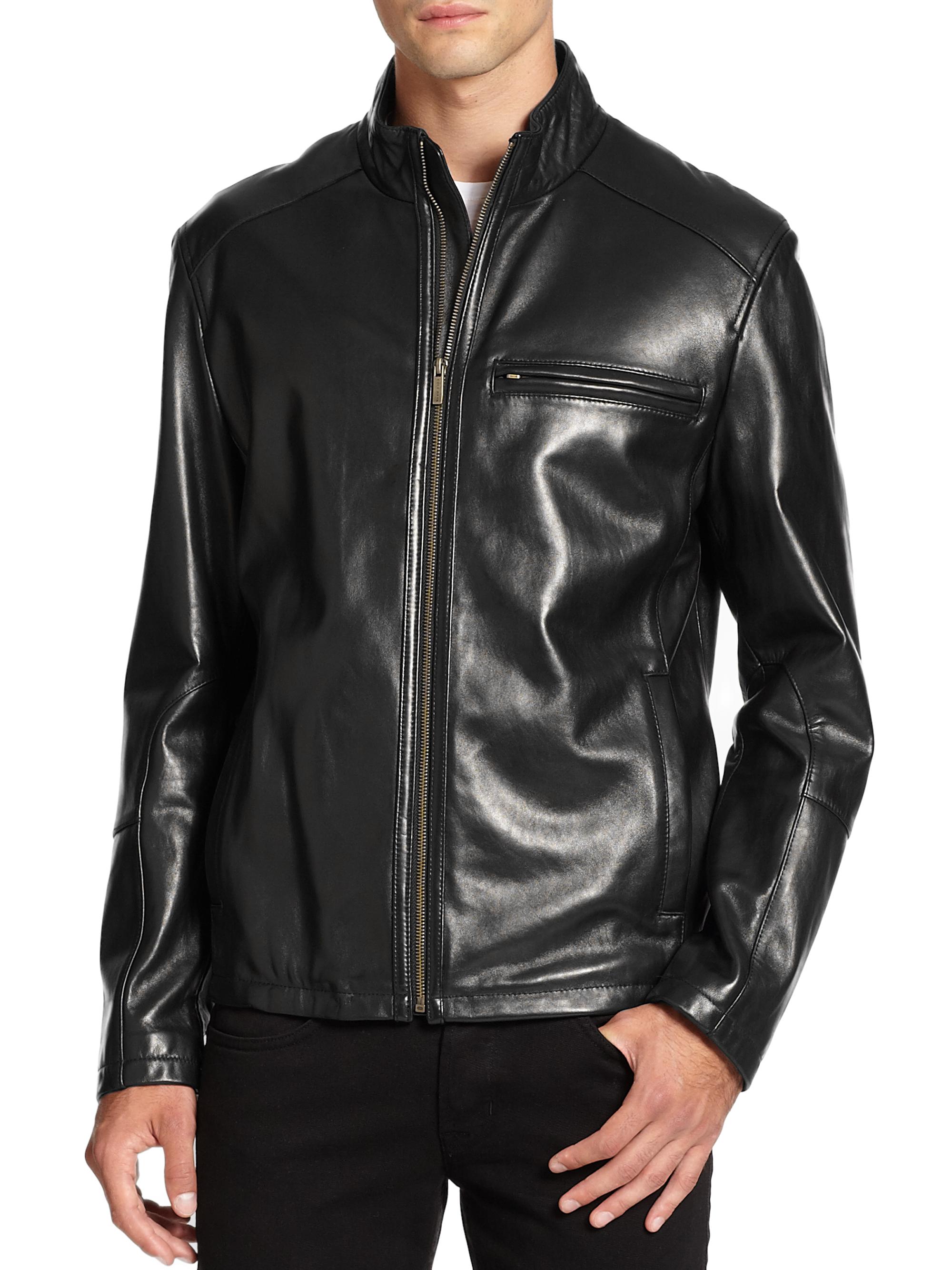 Click here for Cole Haan Mens Leather Moto Jacket - Black - Size... prices